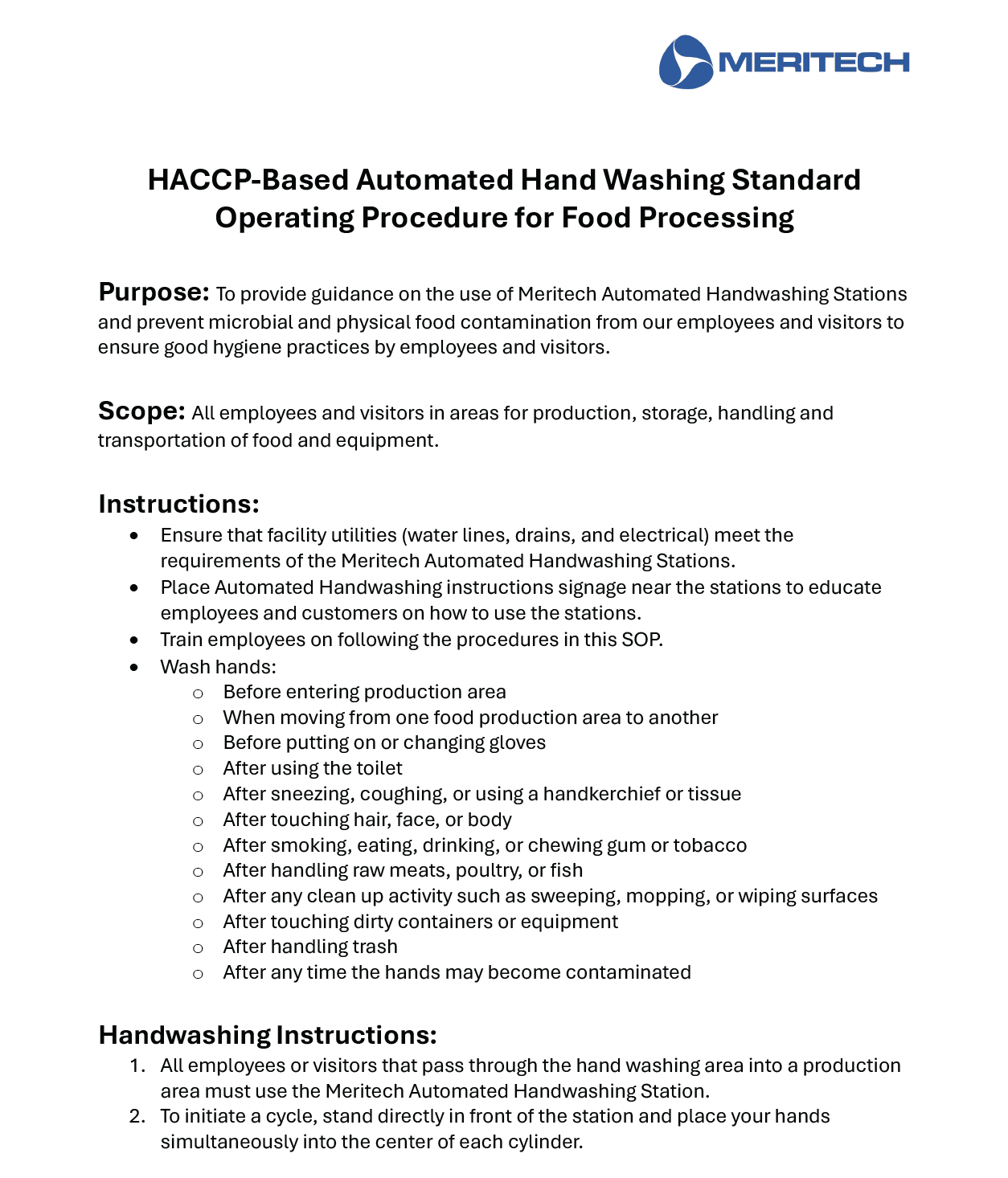 HACCP Based Automated Hand Washing Standard Operating Procedure